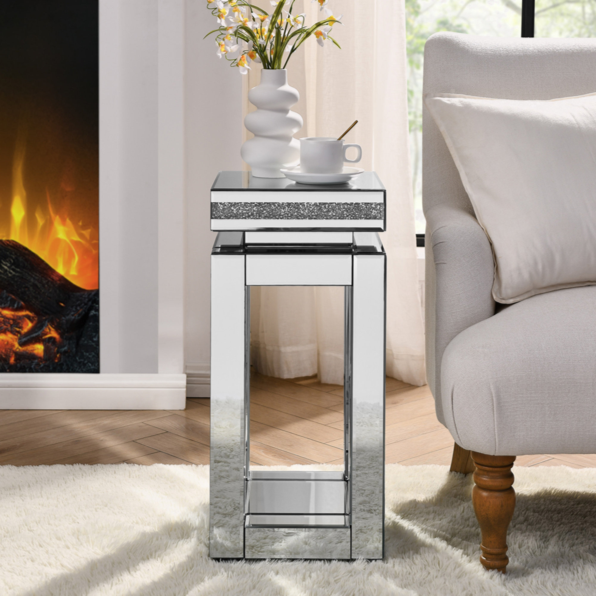 Mercer41 Mirrored End Table Square With Crystals Inlay, 2-Tier Modern Small Sofa Table With ...